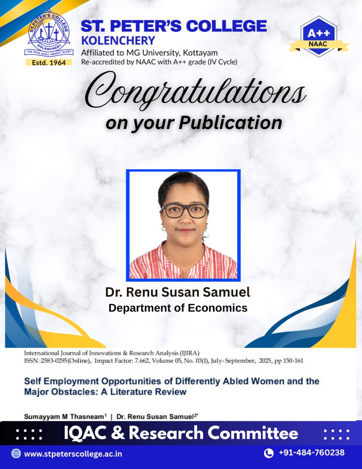 Congratulations-Dr. Renu Susan Samuel – St Peters College | Kolenchery ...